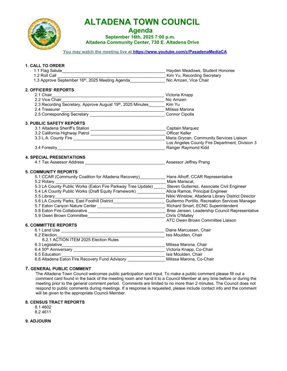 Altadena Town Council Meeting – Tuesday, September 16, 2025 – 7PM ...
